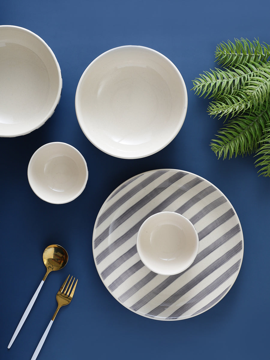 VarEesha Hand Painted Crosswalk Grey Striped White Ceramic 10 Pc Dinner Set