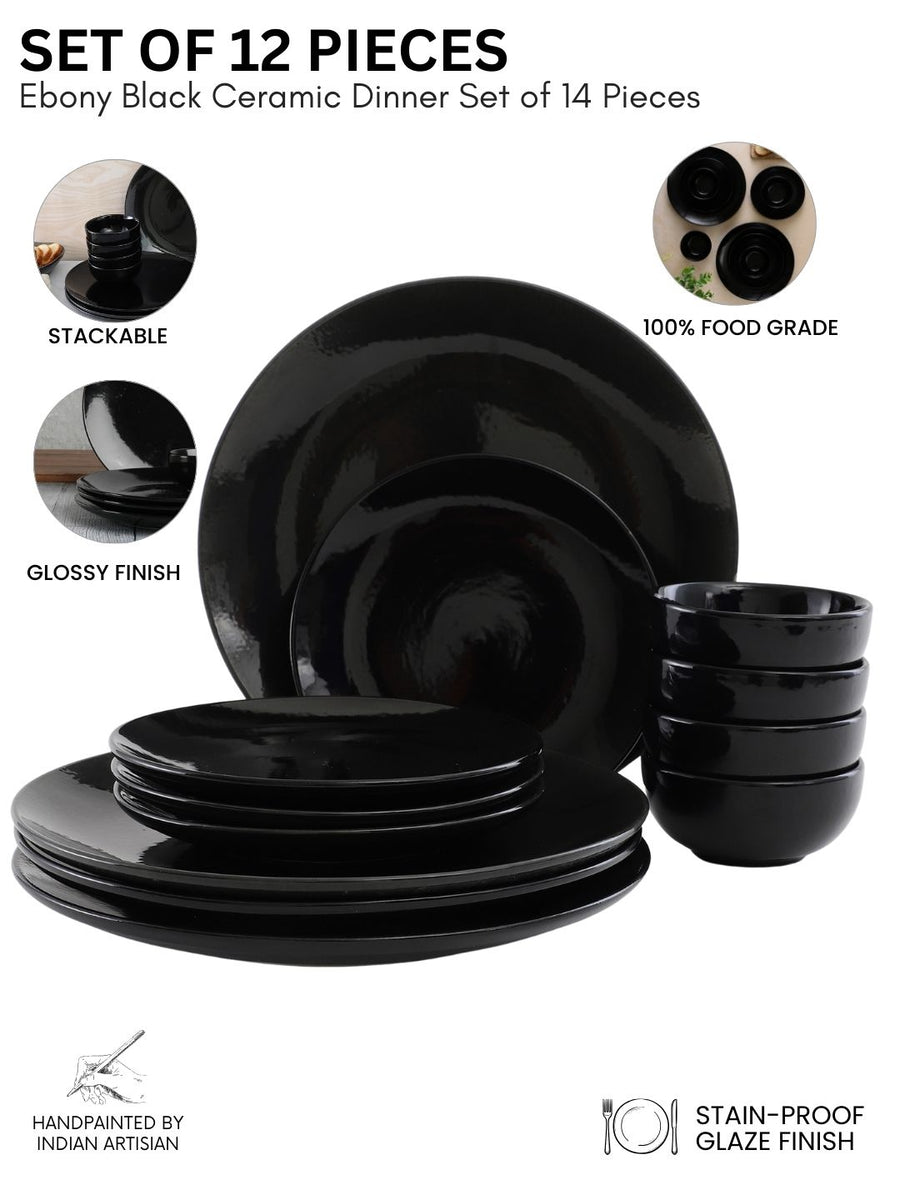 Handmade Ebony Black Ceramic 12 Piece Dinner Set – VarEesha