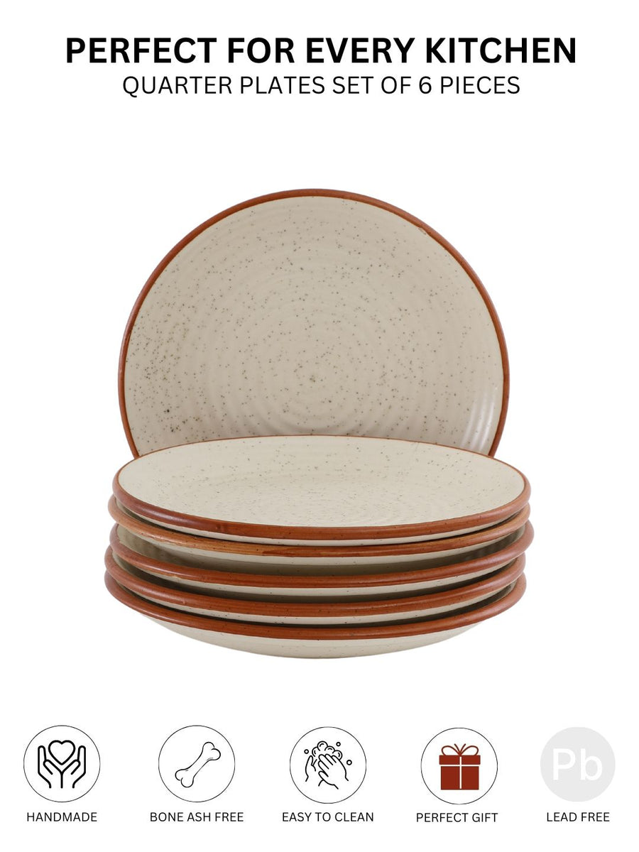 White Matt Brown Border Ceramic Quarter Plates Set of Six – VarEesha