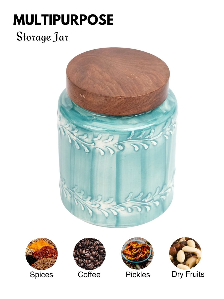 VarEesha Aqua Green Embossed Ceramic Air Tight Jar with Wooden Lid