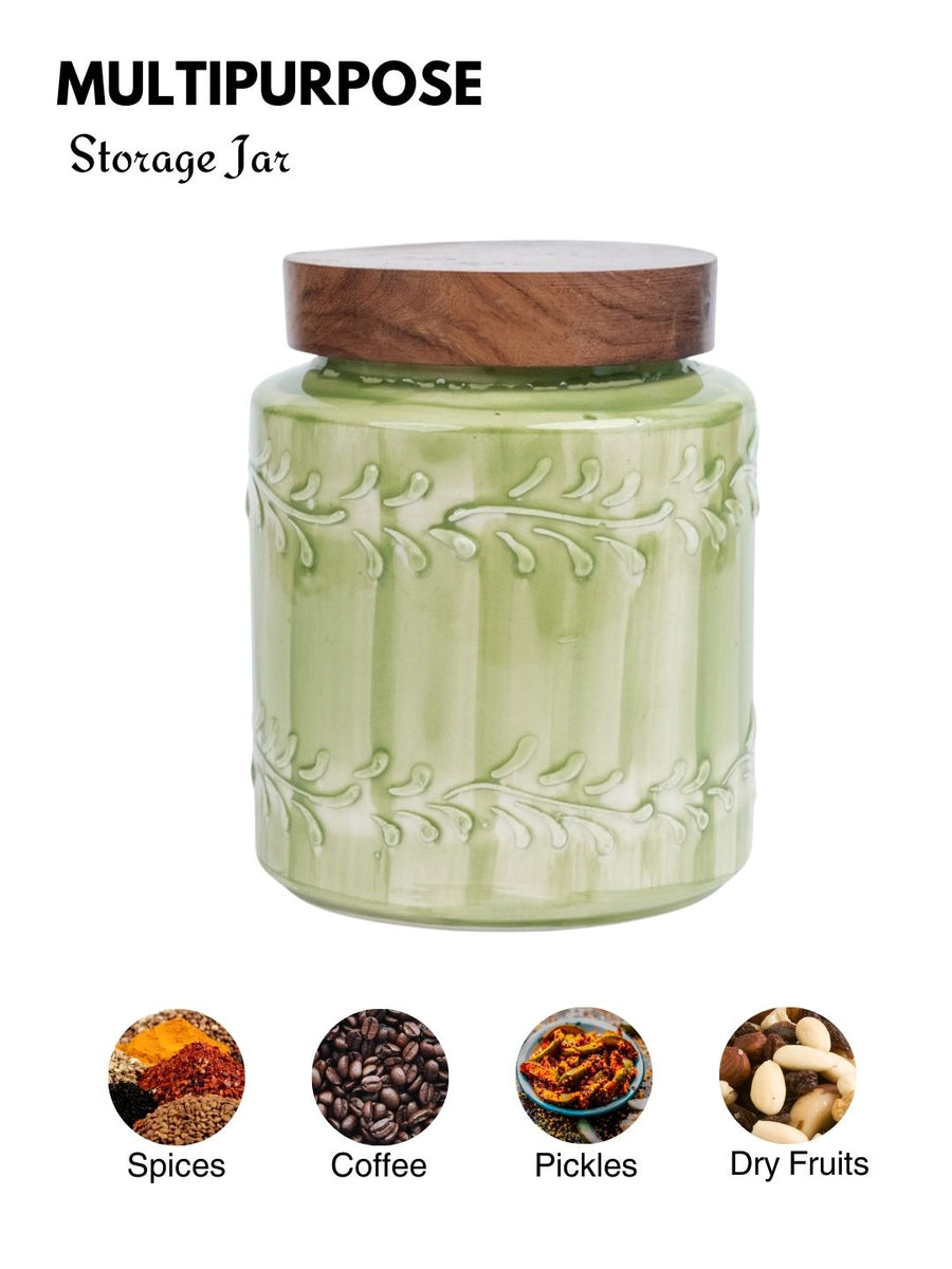 VarEesha Green Embossed Ceramic Air Tight Jar with Wooden Lid