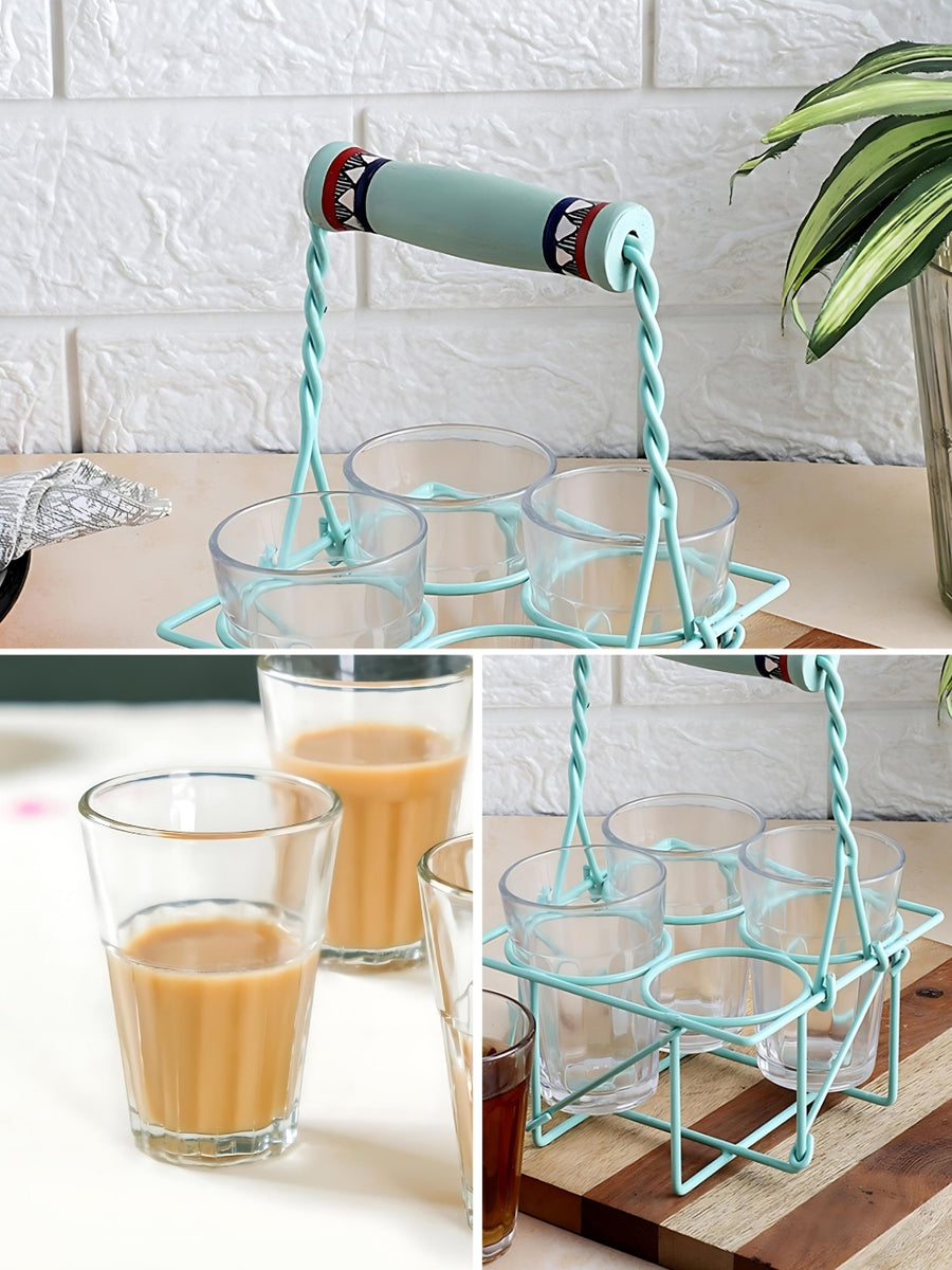 VarEesha Light Blue Cutting Chai Holder with Glasses Set of Four