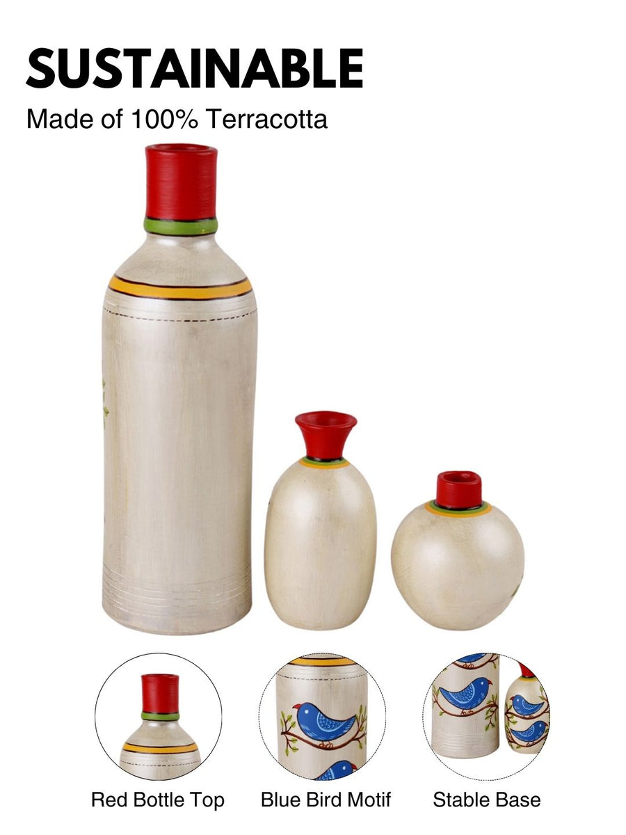VarEesha Hand Painted Neel Blue Bird Gold Terracotta Vases Set of Three