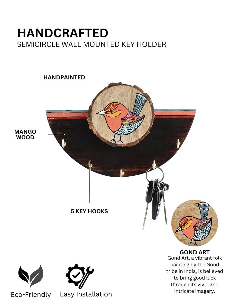 VarEesha Chiraiya Hand Painted Gond Art Mango Wood Semicircle Key Holder