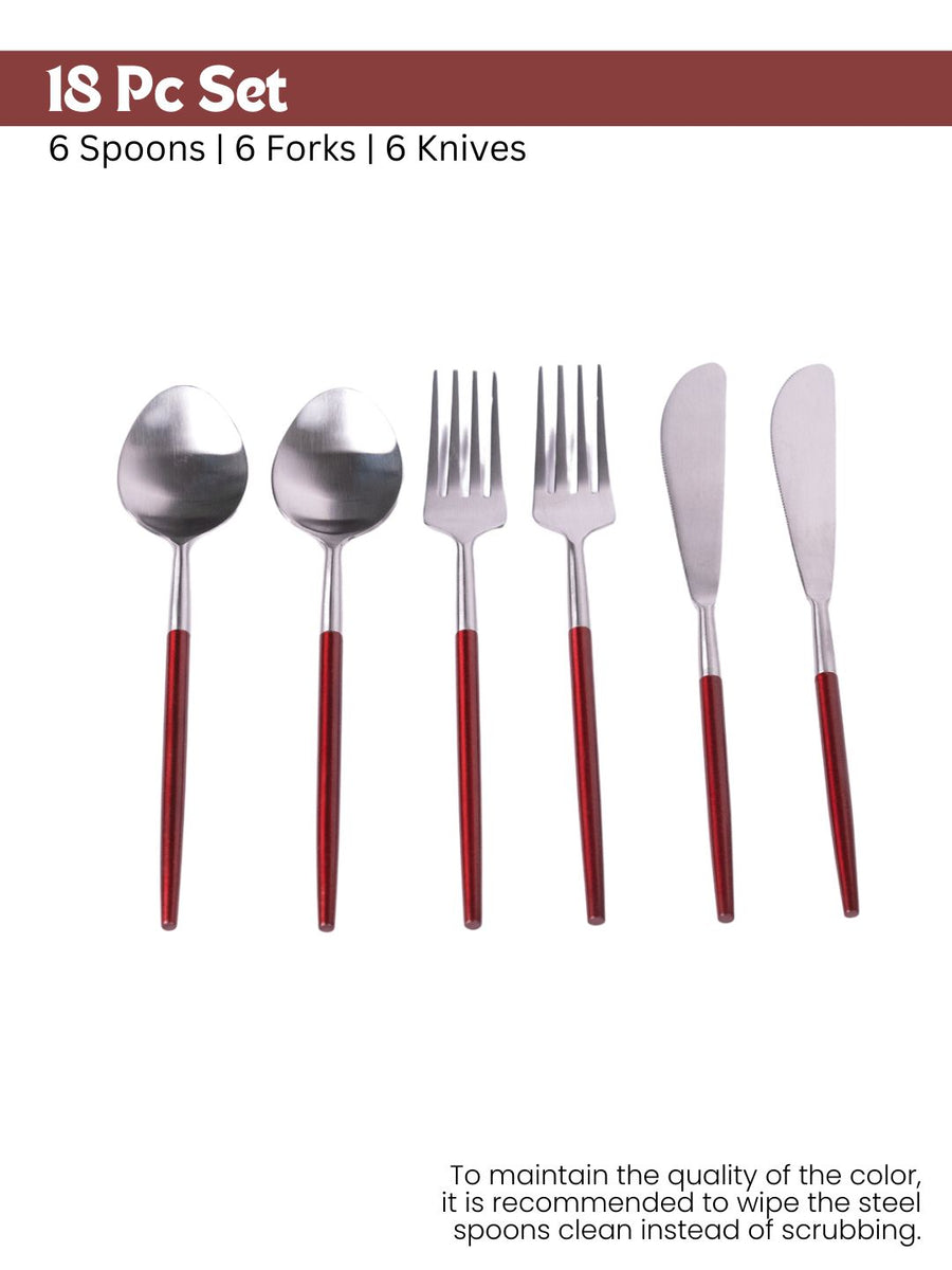 VarEesha Radiant Red Handle Matt Steel Cutlery Set of Eighteen - Spoons ...