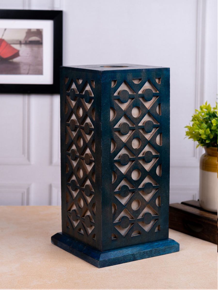 VarEesha Hand Painted Blue Jali Wooden Table Lamp