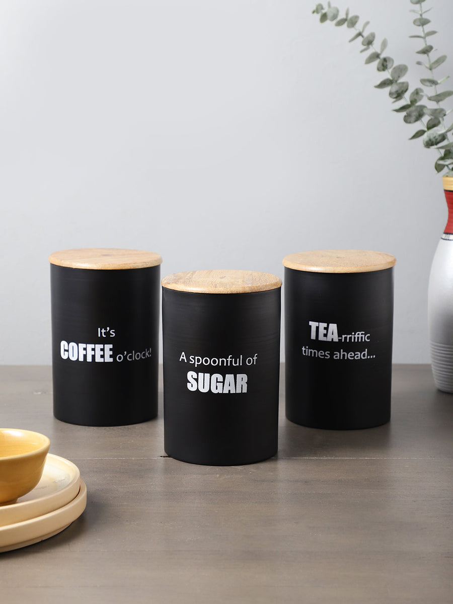 VarEesha Ardura Black Metal Tea Sugar Coffee Containers with Wooden ...