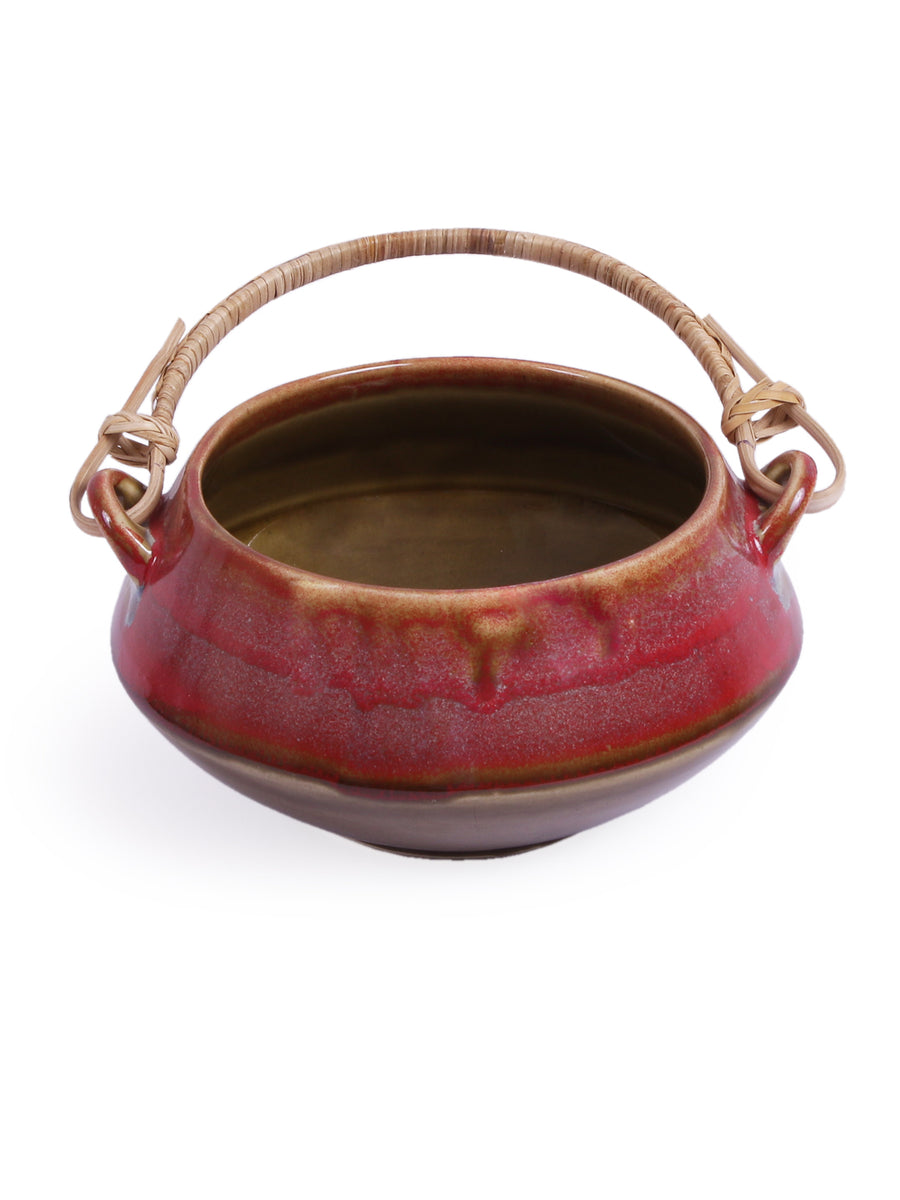 VarEesha Red Brown Ceramic Handi Bowl with Cane Handle