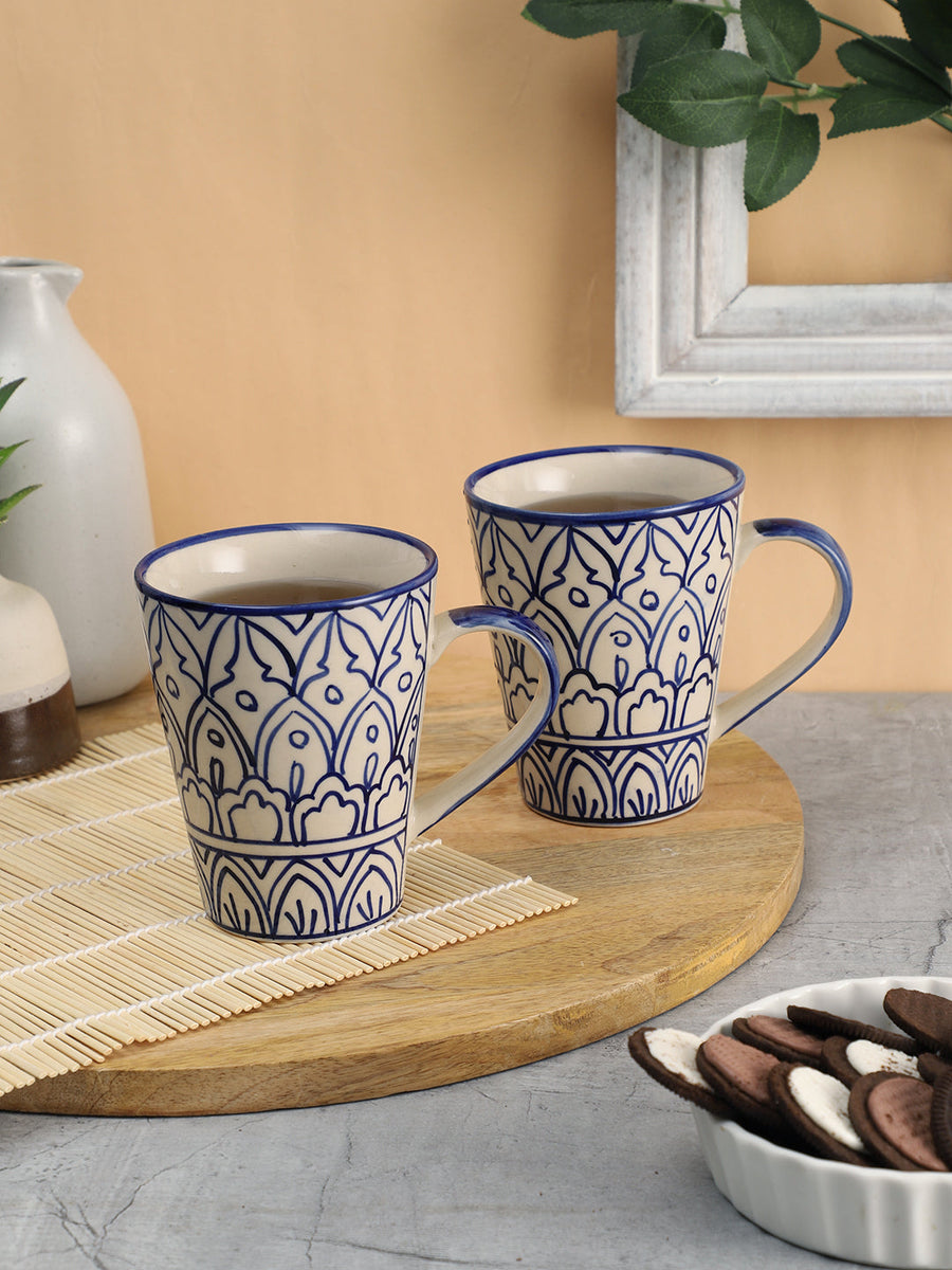 Mehraab Blue Off-white Ceramic Taper Coffee/ Milk Mugs Set of Two ...