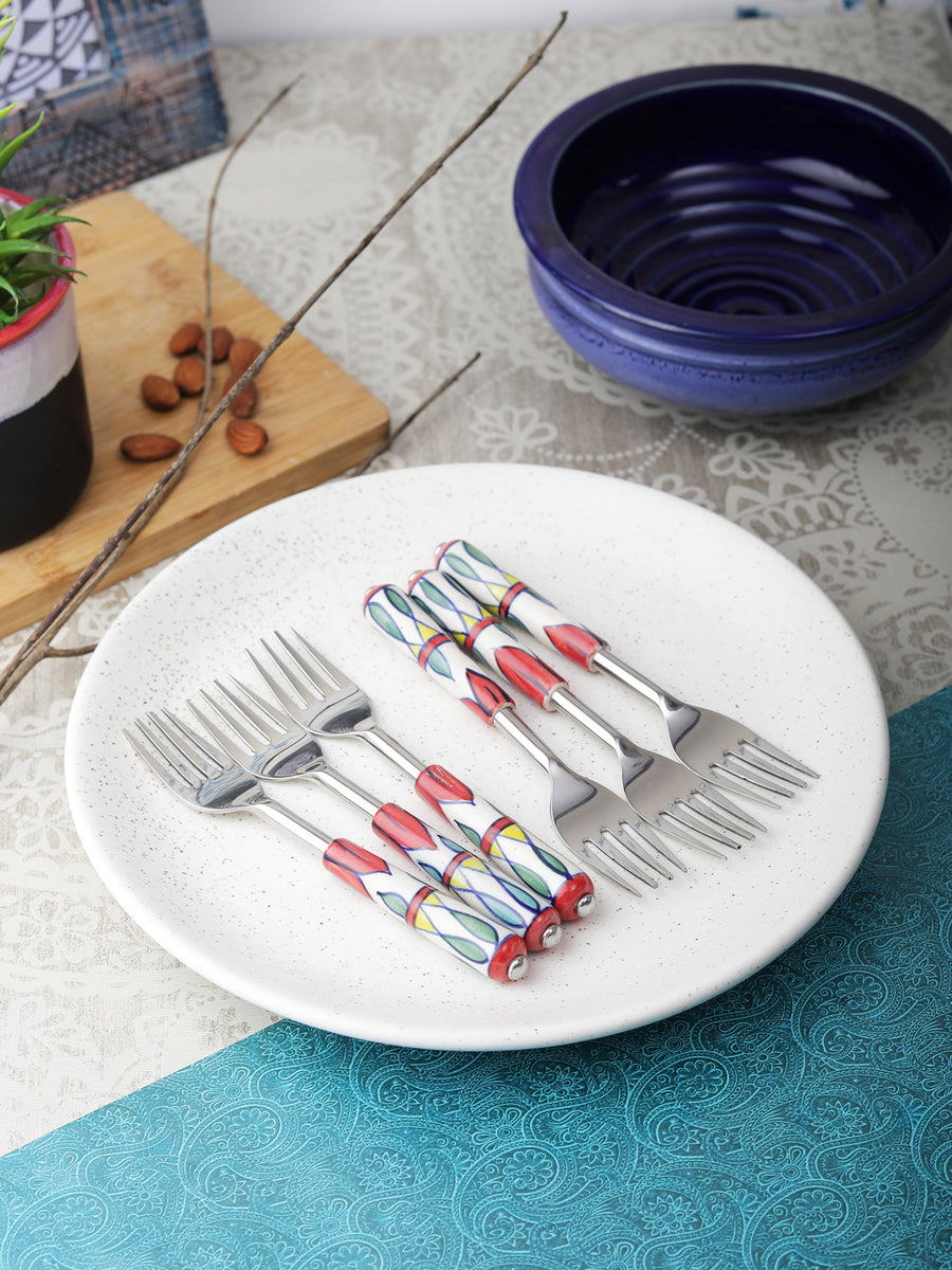 VarEesha Red Green Ceramic Handle Steel Forks Set of Six