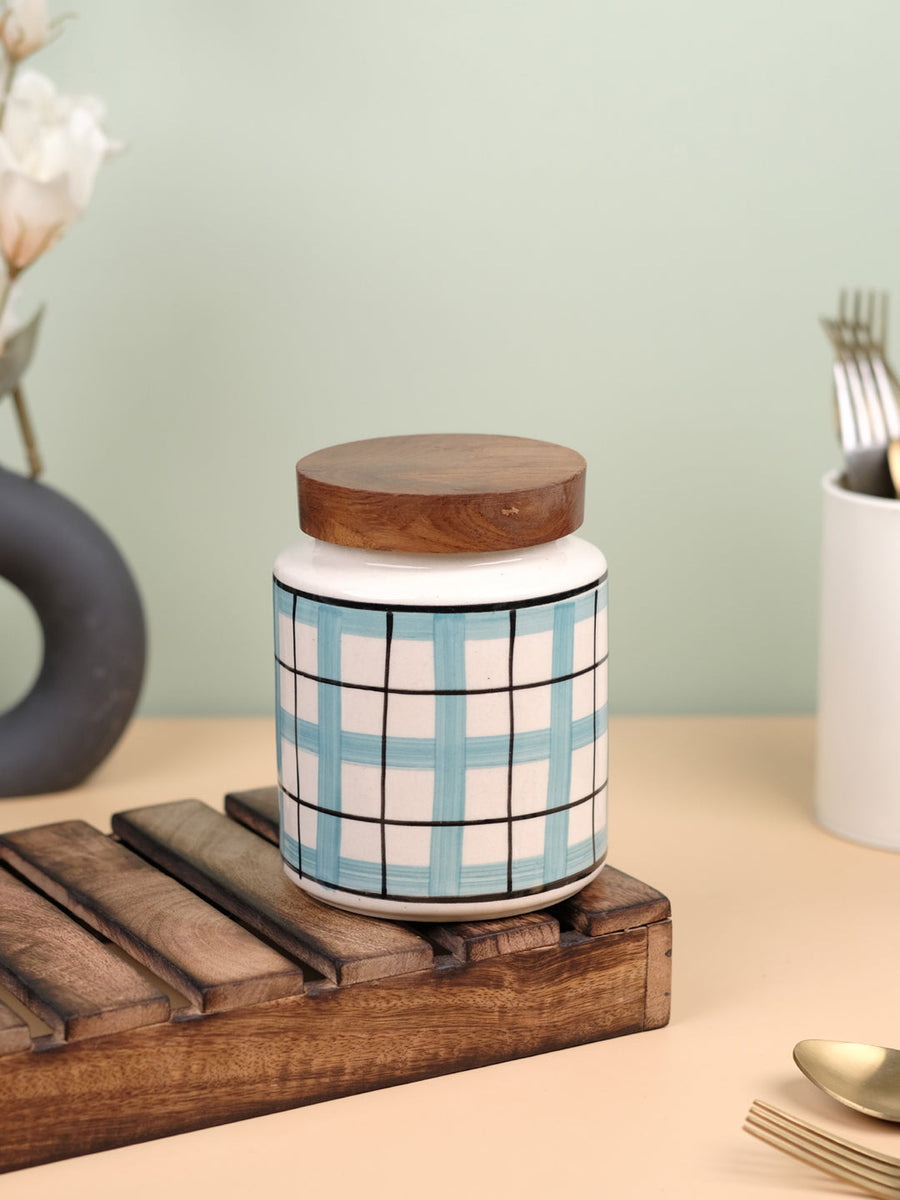 Aqua White Checkered Jar with Wooden Lid | VarEesha