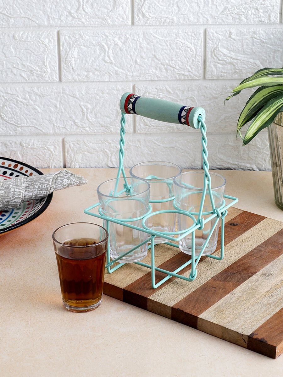 Light Blue Cutting Chai Holder with Glasses Set of Four – VarEesha