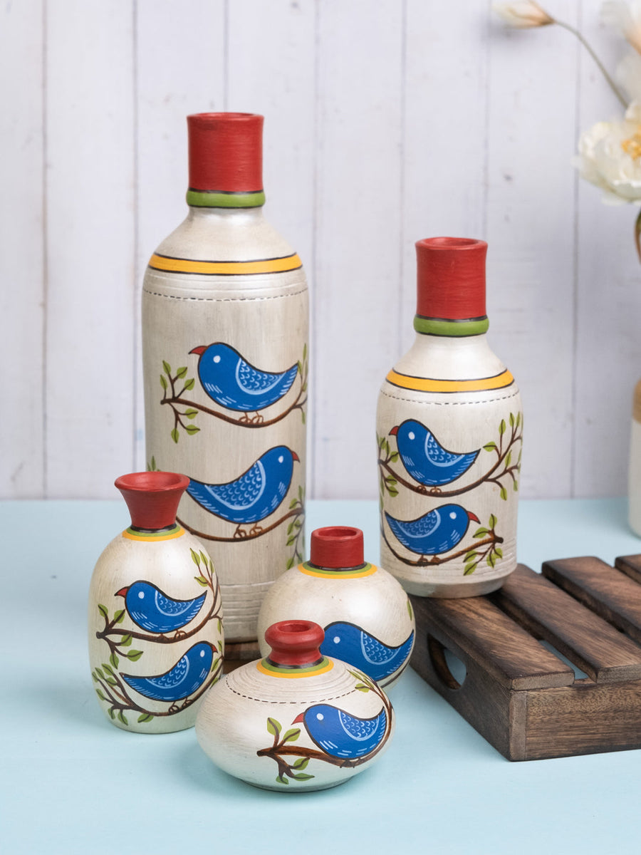 VarEesha Hand Painted Neel Blue Bird Gold Terracotta Vases Set of Five