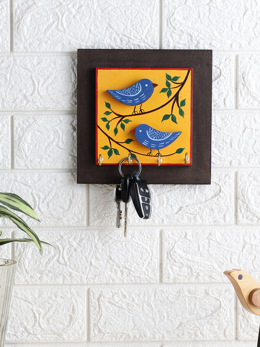 VarEesha Hand Painted Blue Bird Yellow Wooden Square Key Holder with ...