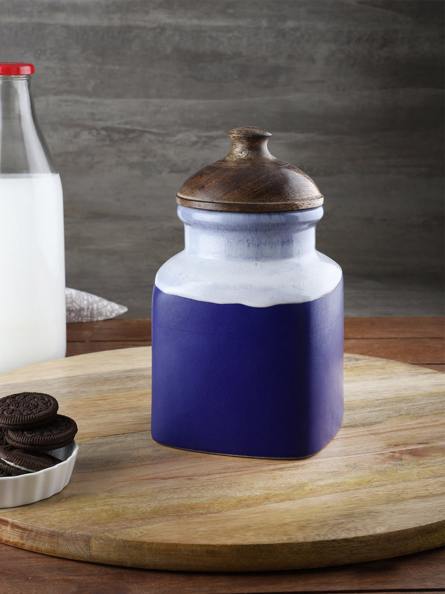 Hand Painted Studio Pottery Blue Airtight Ceramic Jar with Wooden Lid ...