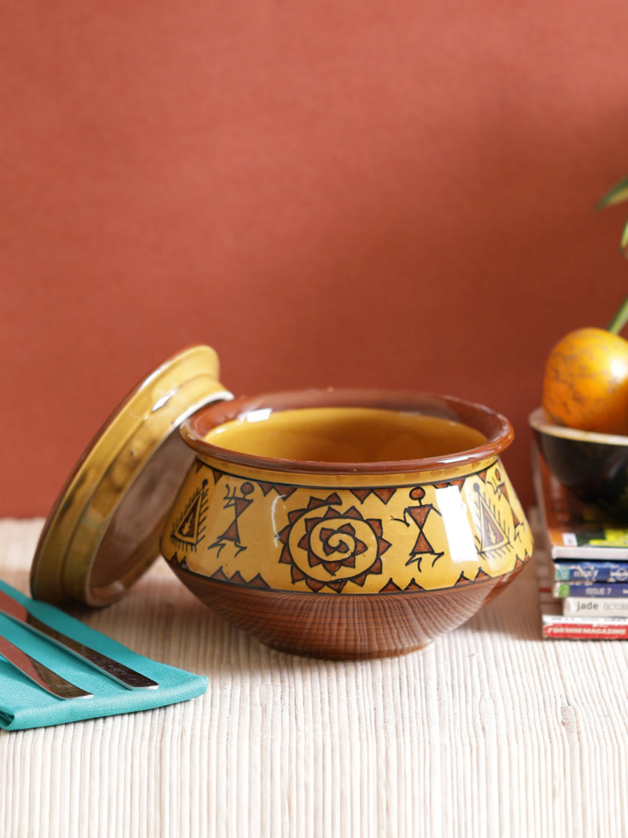 VarEesha Hand Painted Brown Warli Large Ceramic Handi Serving Bowl